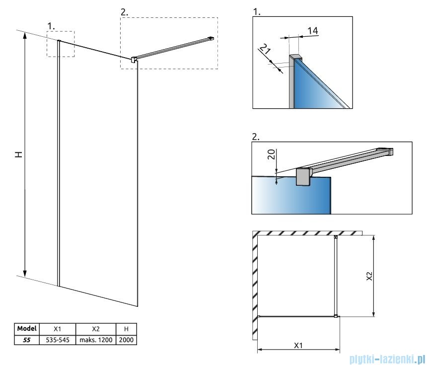 Radaway Modo New II Brushed Copper kabina Walk-in 55x200 szczotkowana ...