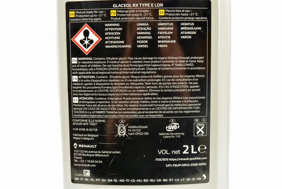 PŁYN CHŁODNICZY RENAULT DACIA GLACEOL RX TYPE D TYPE E 2L - Płyny - Chemia