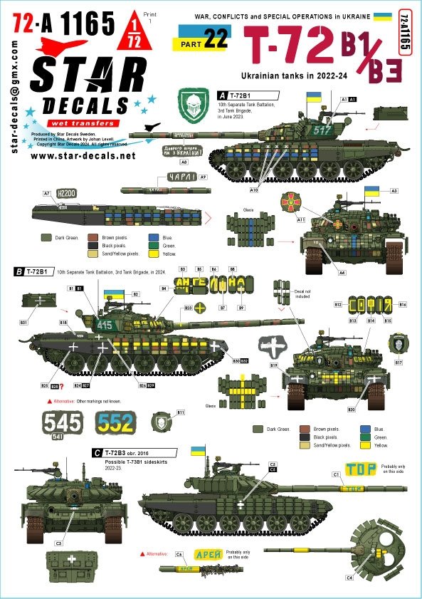 Star Decals 72-A1165 War in Ukraine 22 Ukrainian T-72B1 and T-72B3 1 72 ...