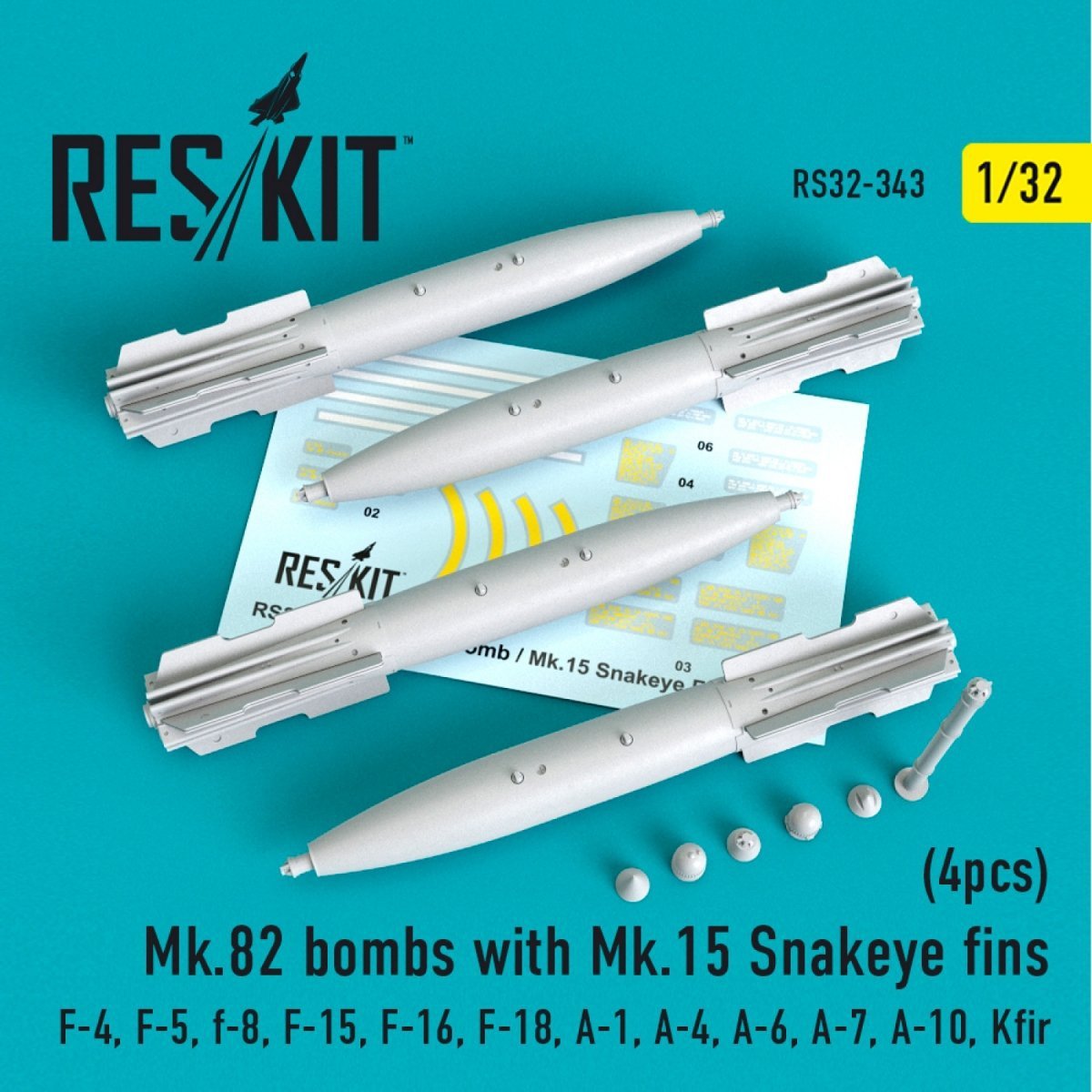 RESKIT RS32-0343 MK.82 BOMBS WITH MK.15 SNAKEYE FINS (4 PCS) 1 32 - RES KIT - scale 1 32 - Resin ...