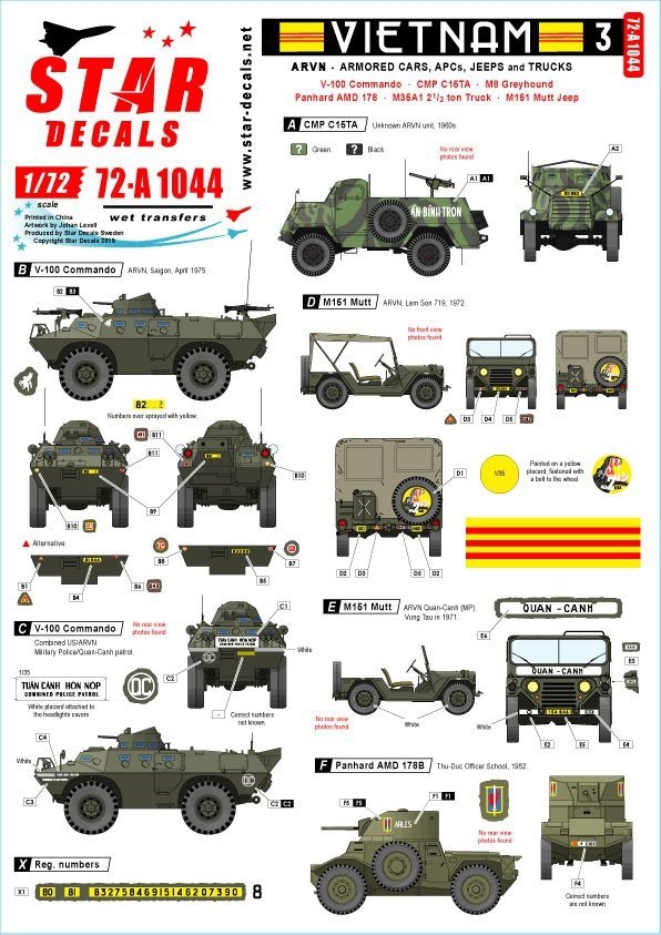 Star Decals 72-A1044 Vietnam 3. CMP C15TA, V-100 Commando, M151 Mutt ...