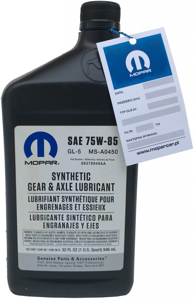 Olej Mostu MOPAR 75W-85 API GL-5 MS-A0450 Jeep Wrangler JL 2018 ...