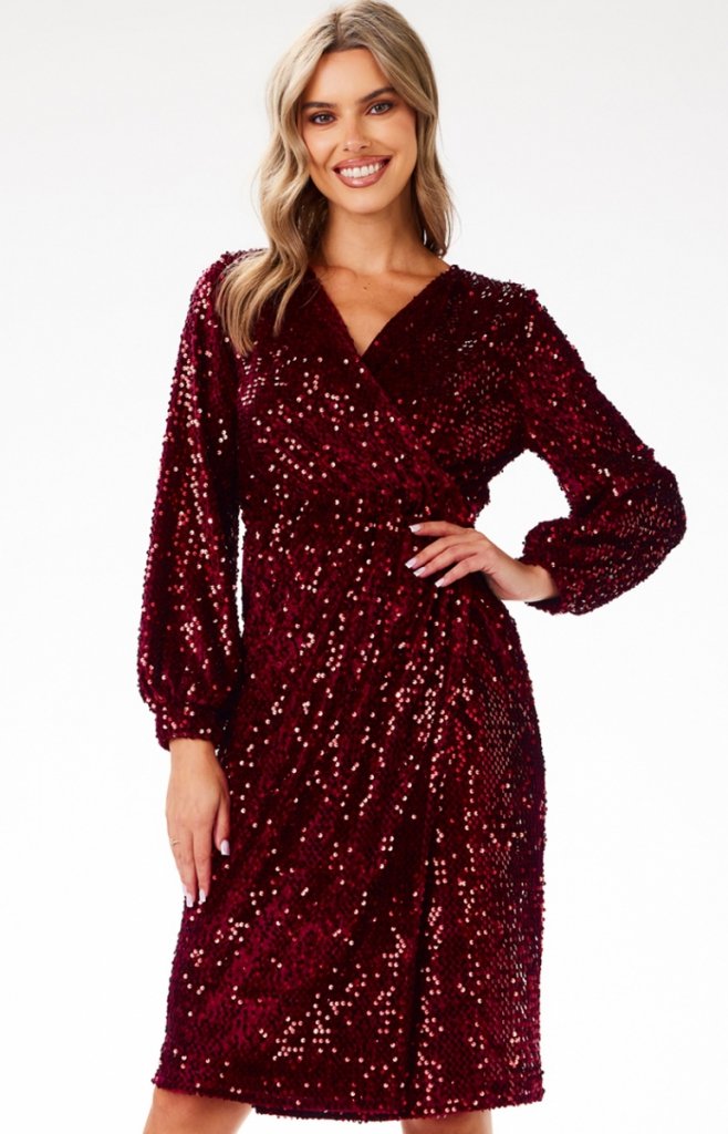 Awama A699 cekinowa sukienka midi bordowa | Intimiti.pl