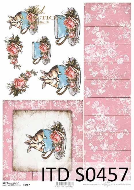 бумага для декупажа SOFT S0457 * Пасха, Винтаж, заяц в сюртуке, чашка, цветы, розы, доски ...