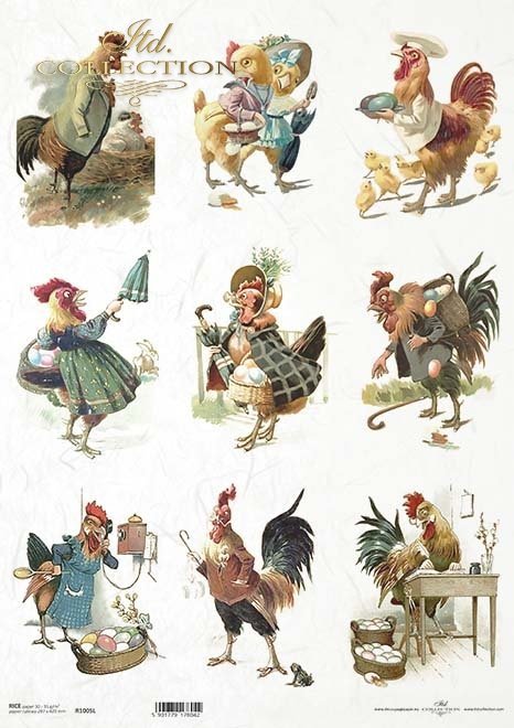 Rice paper A3 R1005L - vintage, hens, roosters in clothes