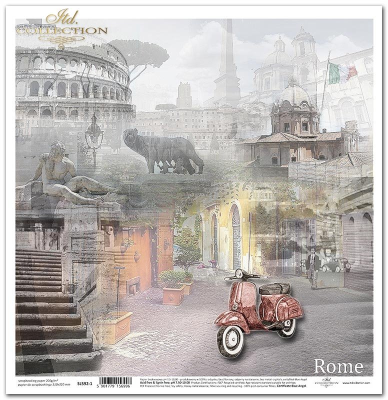 scrapbooking paper SL0592* Rome, travel, famous places, old vehicles