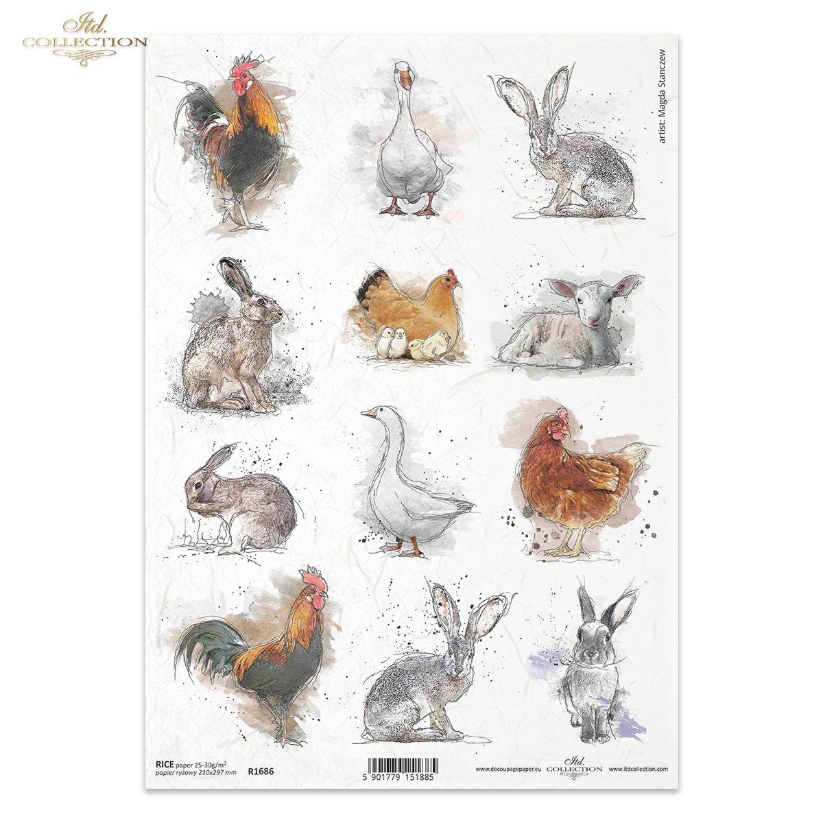 Rice paper R1686 - around the farm, Pastel colours, tags, 12 small ...