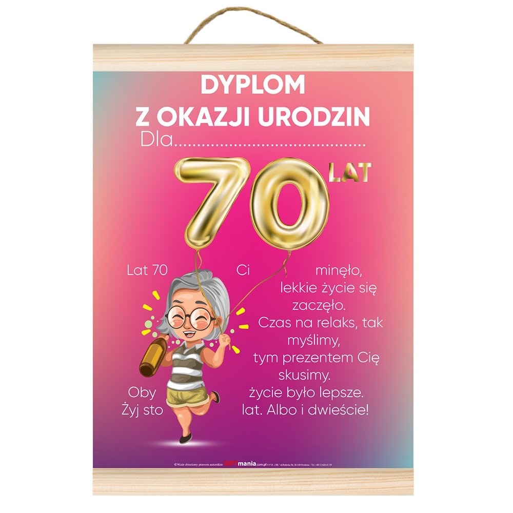 Dyplom z okazji urodzin dla niej 70 lat - Katalog wszystkich produktów Sprzedaż Hurtowa | GIFTmania